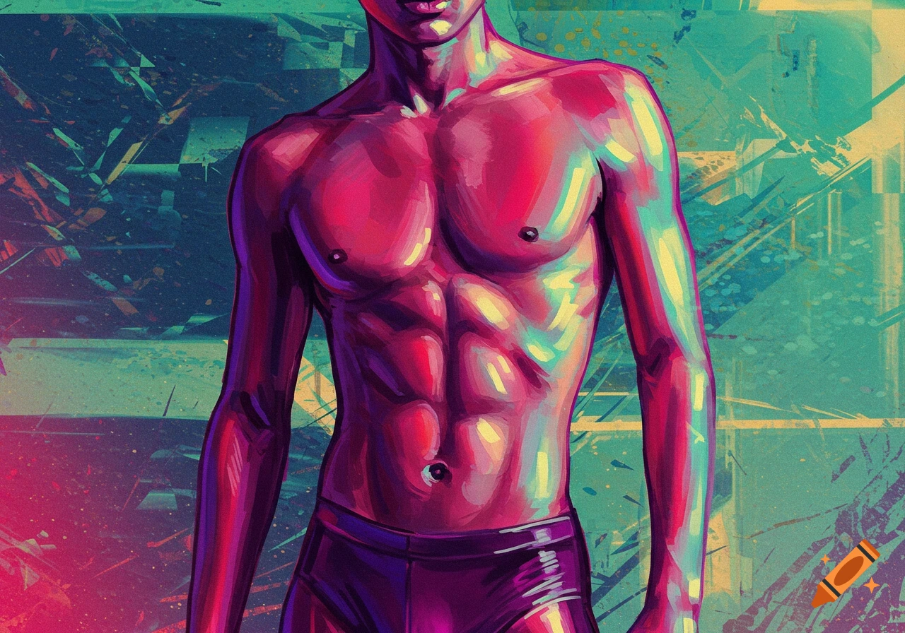 Abstract, colorful rendering of a muscular male torso and head. on Craiyon