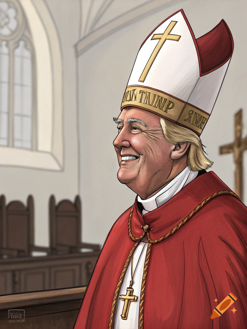 Cartoon portrait of Donald Trump wearing a pope's mitre and robe inside ...