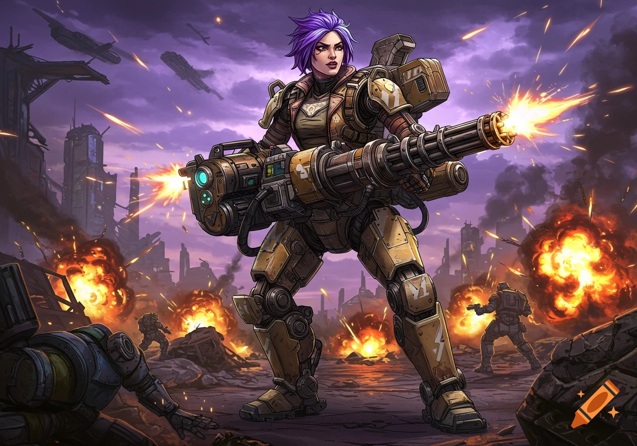 Woman in sci-fi power armor fires a large minigun during a futuristic ...