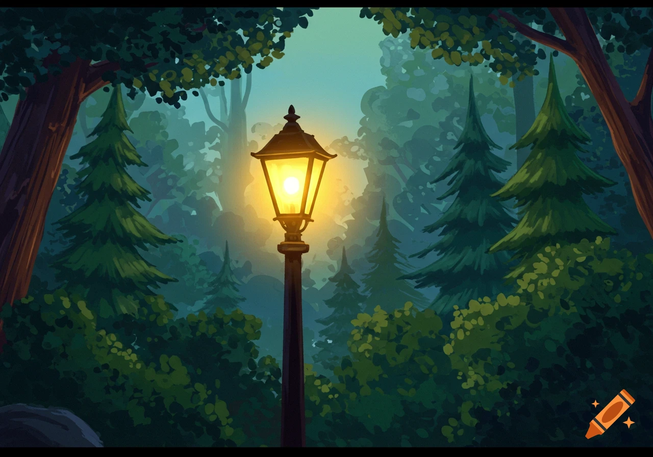 Illustrative scene of a lamppost lit in a dark forest. on Craiyon