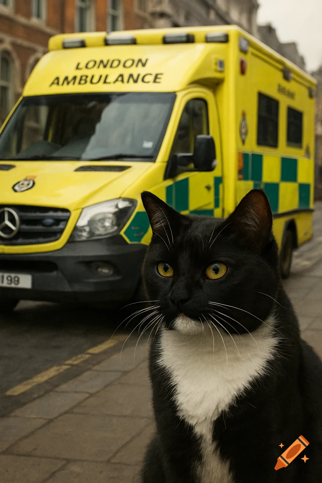 A black and white cat sits on a sidewalk in front of a yellow London ...