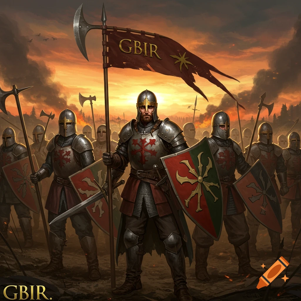 A group of knights in armor stand on a battlefield at sunset with a ...