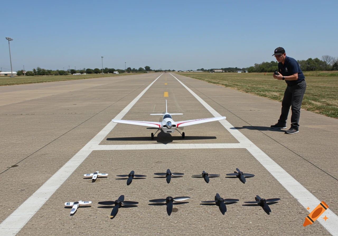 Man with remote stands near RC plane and propellers on a runway on Craiyon