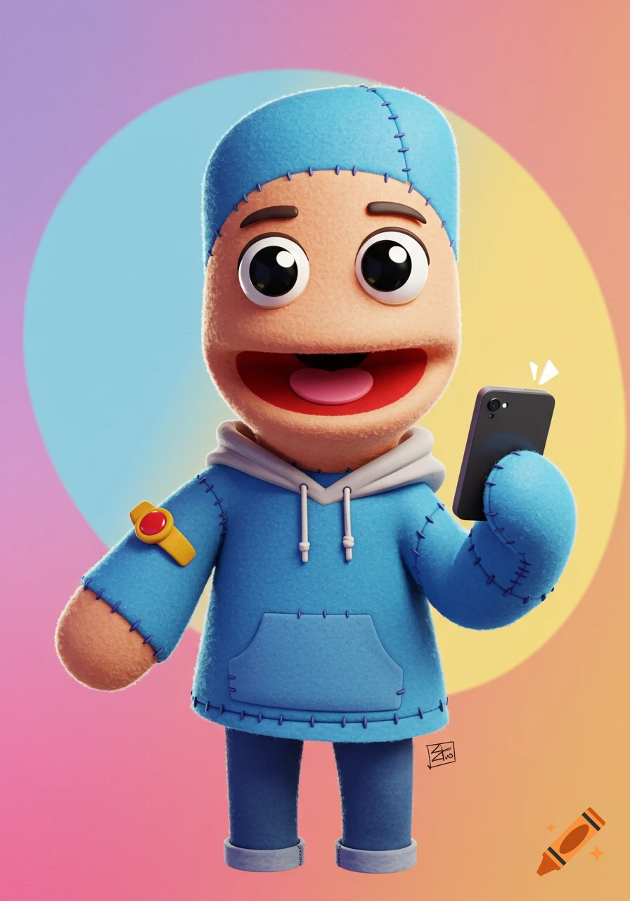 A blue glove puppet character wearing a hoodie, holding a phone, 3D ...