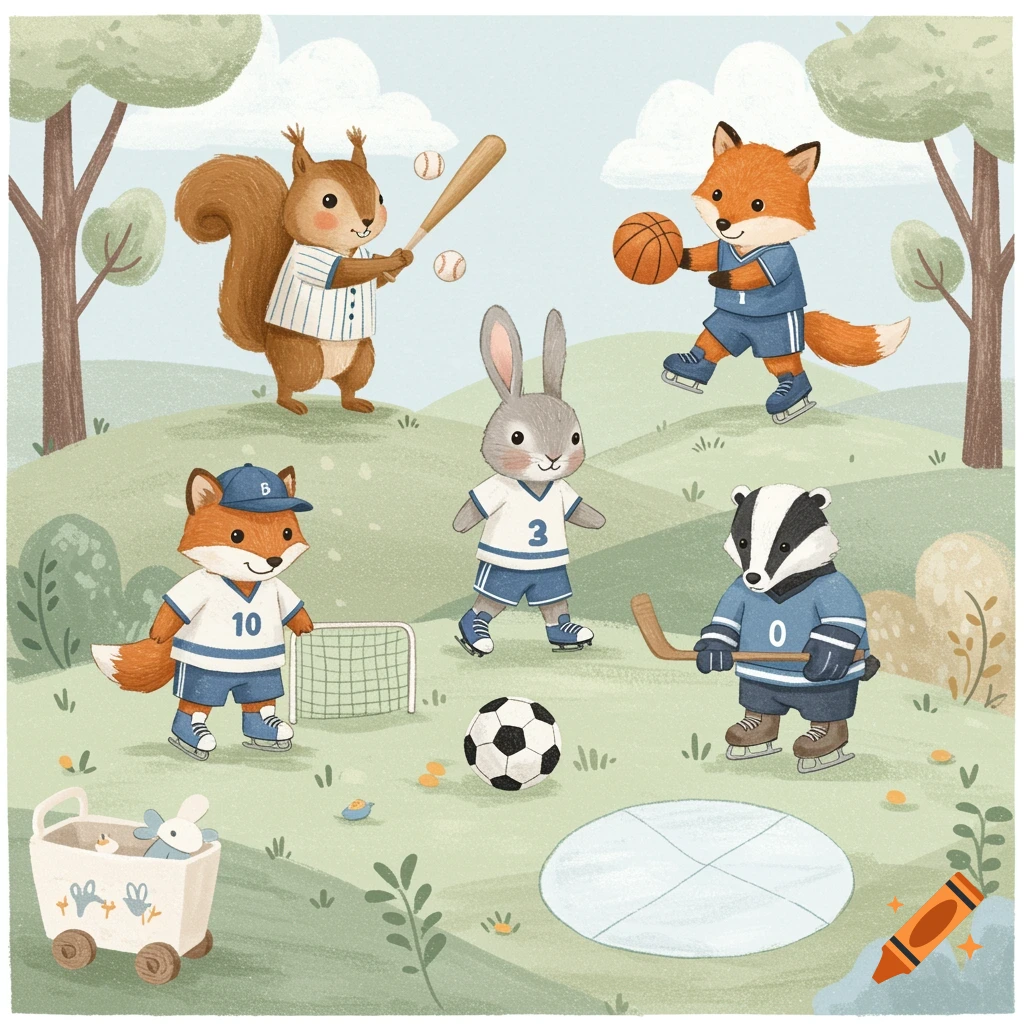 Woodland animals playing sports: squirrel baseball, fox basketball ...