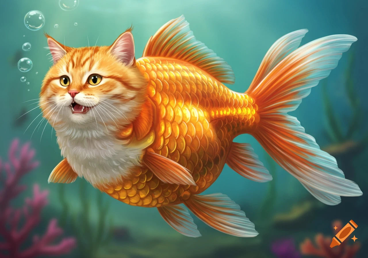An orange cat head on a goldfish body swims underwater. on Craiyon
