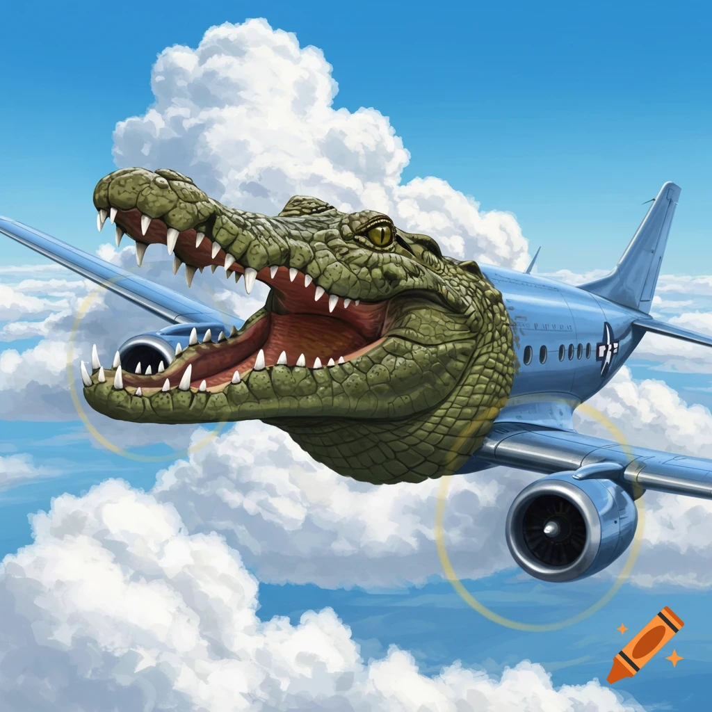 Illustration of an airplane with a giant crocodile head flying through ...