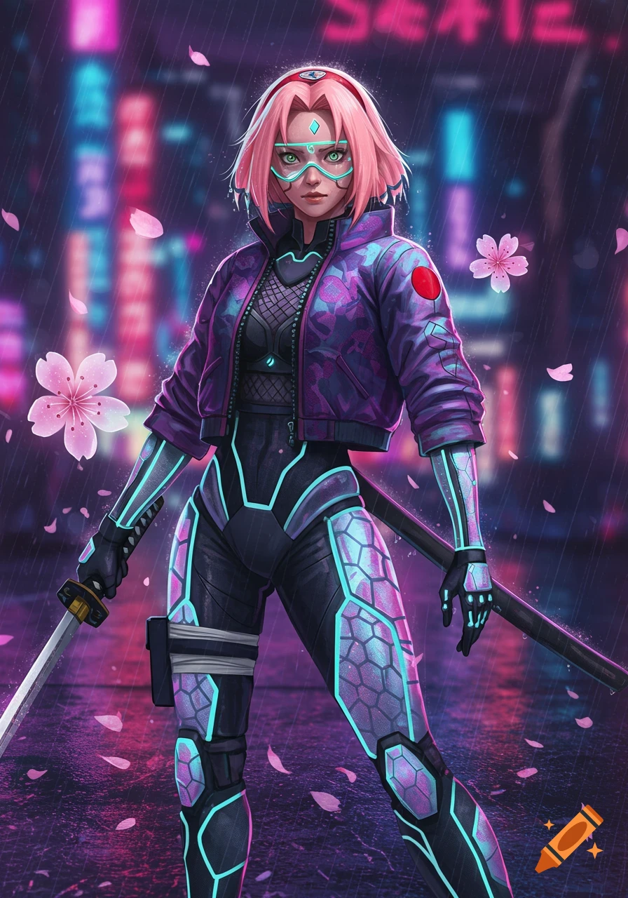 A female cyber-kunoichi with pink hair, glowing visor, and neon-lit ...