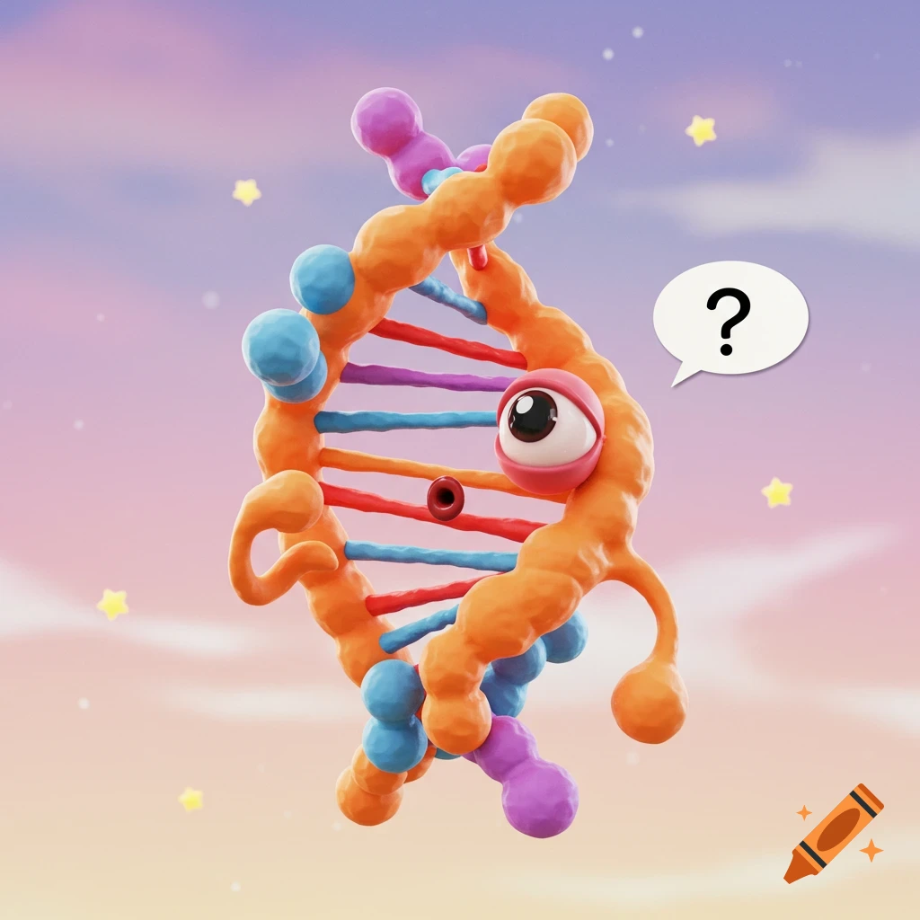 A cartoon DNA strand with an eye asks a question with a speech bubble ...