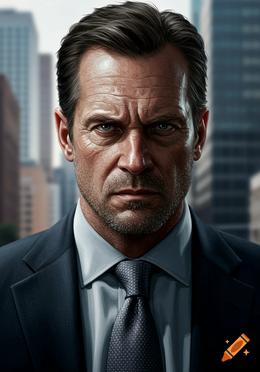 Intense close-up portrait of a man in a business suit against a city ...