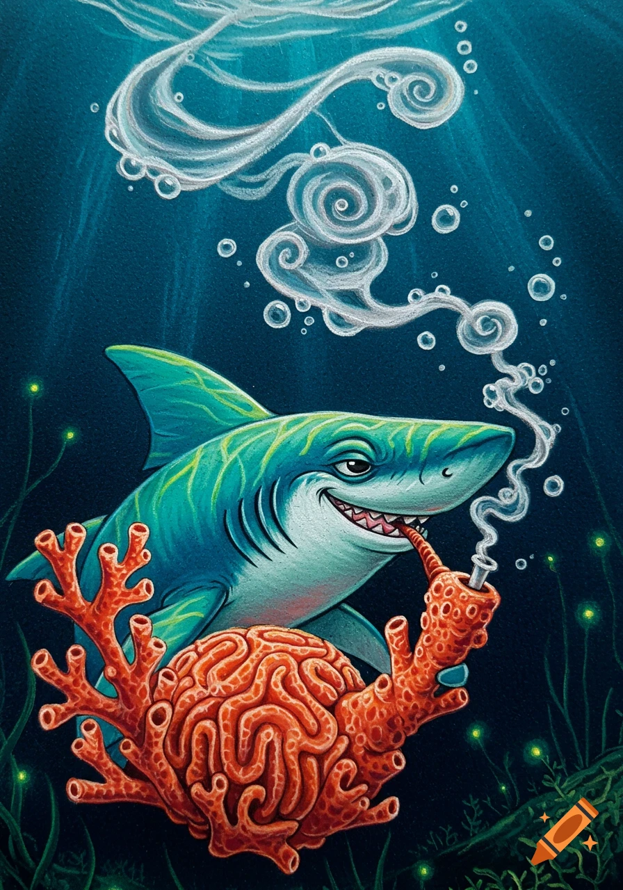 Colored pencil drawing of a cartoon shark smoking a coral pipe ...