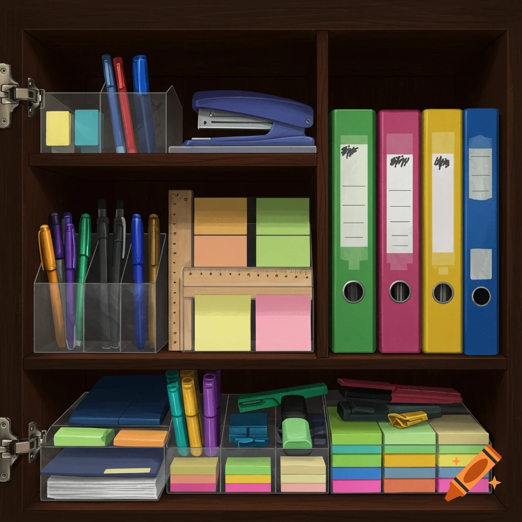 Various office supplies including pens, staples, sticky notes, rulers ...