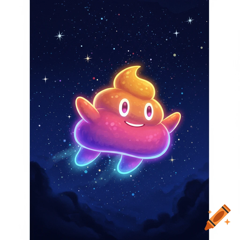 A cartoon poop character with glowing pink and purple body and yellow ...