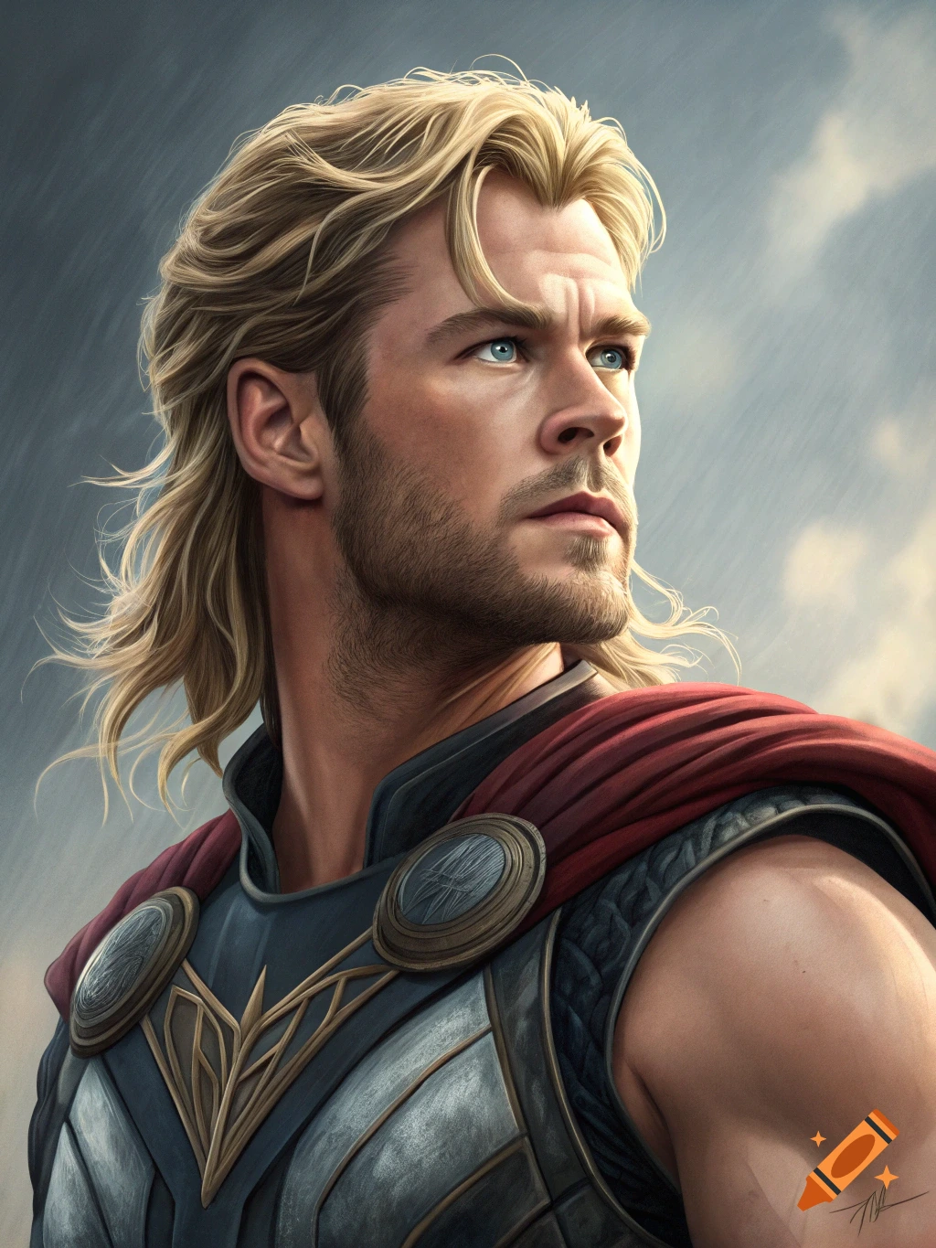 Portrait of a man resembling Chris Hemsworth as Thor in armor and red ...