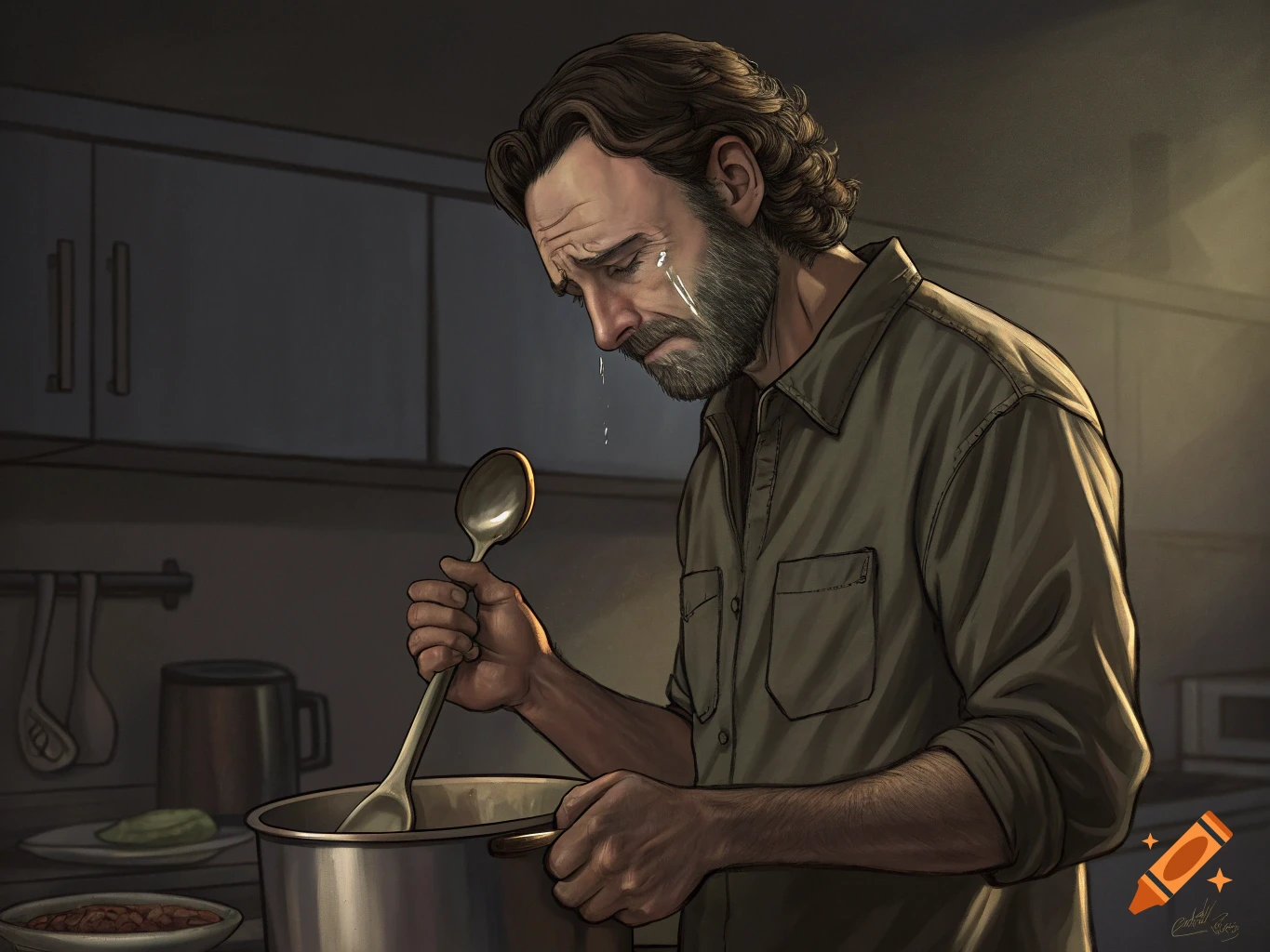 Illustration of a man resembling Rick Grimes crying while making soup ...