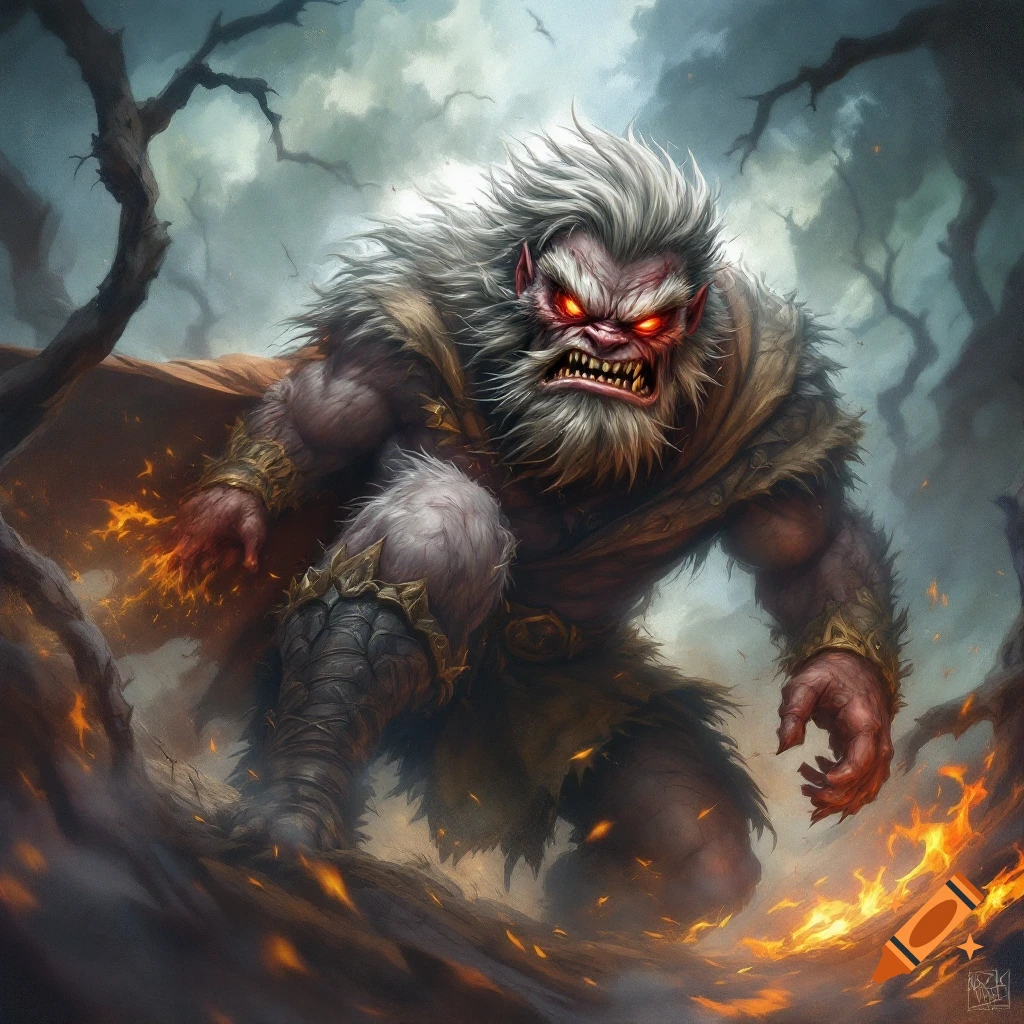 A fantasy creature with white fur, red eyes, and sharp teeth crouches in a dark forest with fire ...