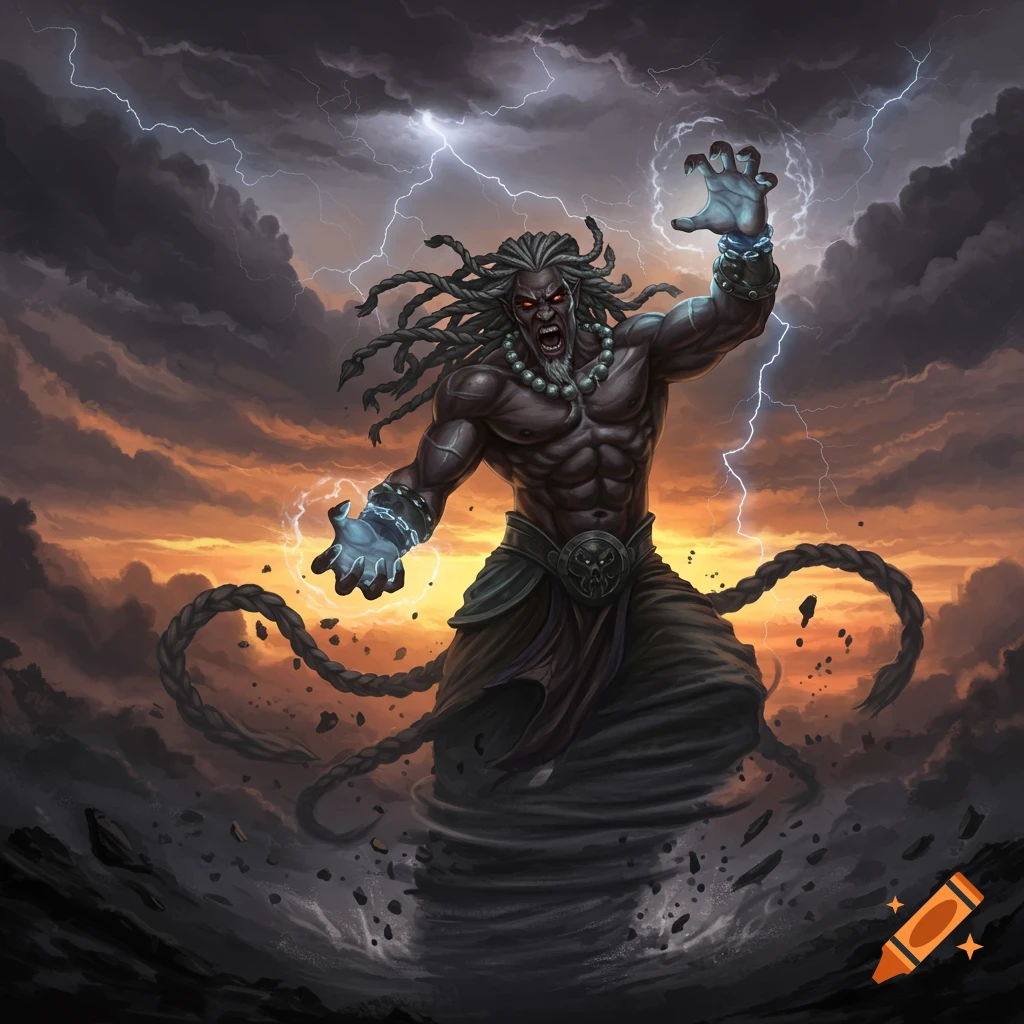Digital painting of an angry storm god creating a tornado amid ...