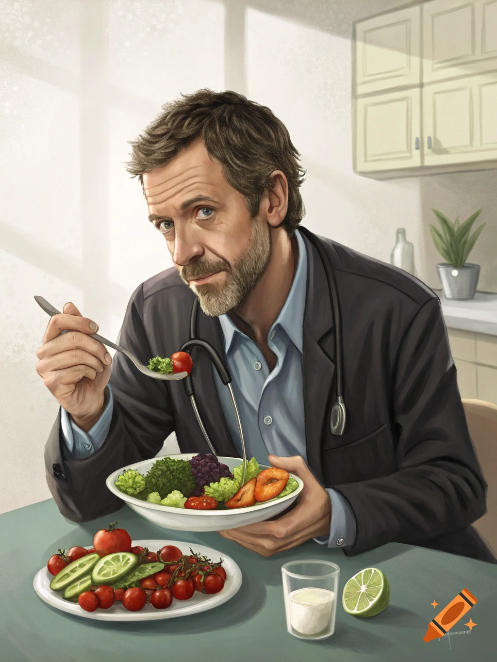 Digital painting of a man resembling Dr. House eating a salad with a ...