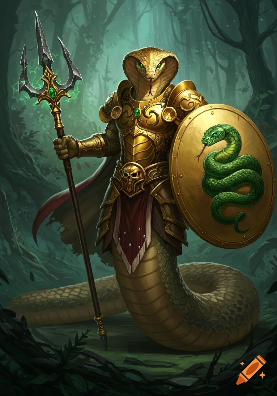 A golden armored snake man hybrid holds a trident and shield in a ...