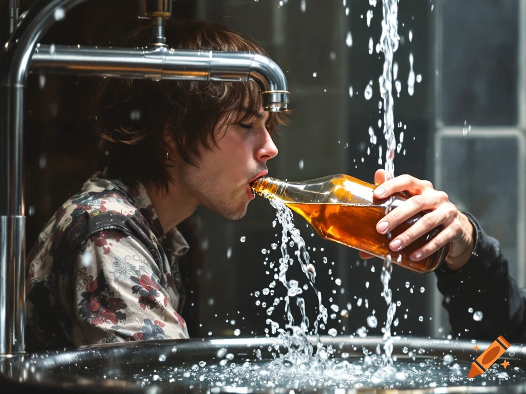 Close-up photorealistic image of a person drinking from a bottle under ...