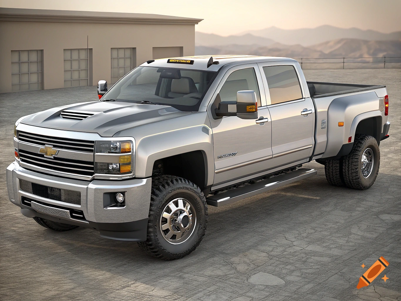 A silver Chevrolet Silverado 3500 dually truck parked outdoors. on Craiyon