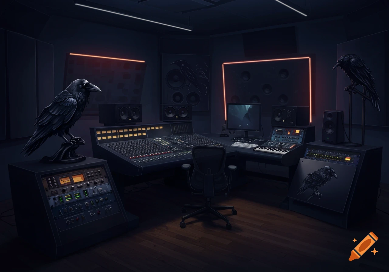 Dark music studio with audio equipment, synthesizers, a computer, and ...