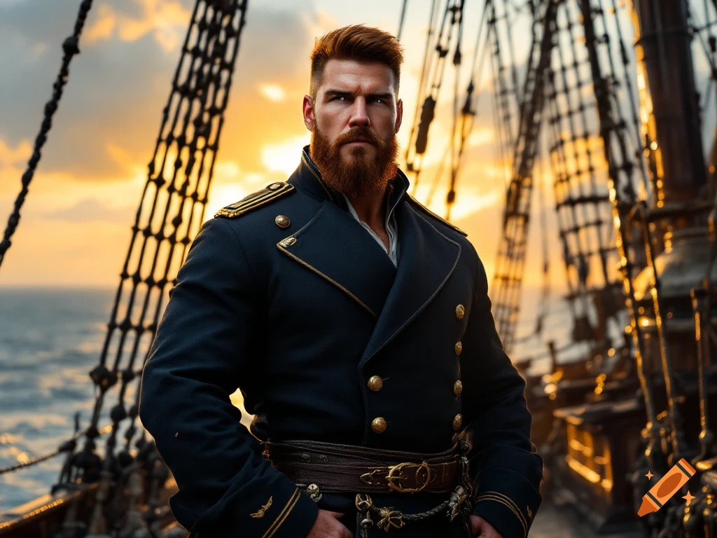 Photorealistic portrait of a bearded man in a navy uniform standing on ...