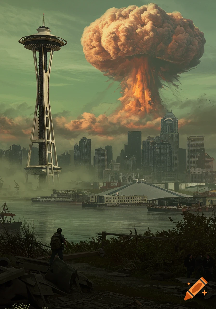 Seattle skyline and Space Needle under a nuclear mushroom cloud over a ...