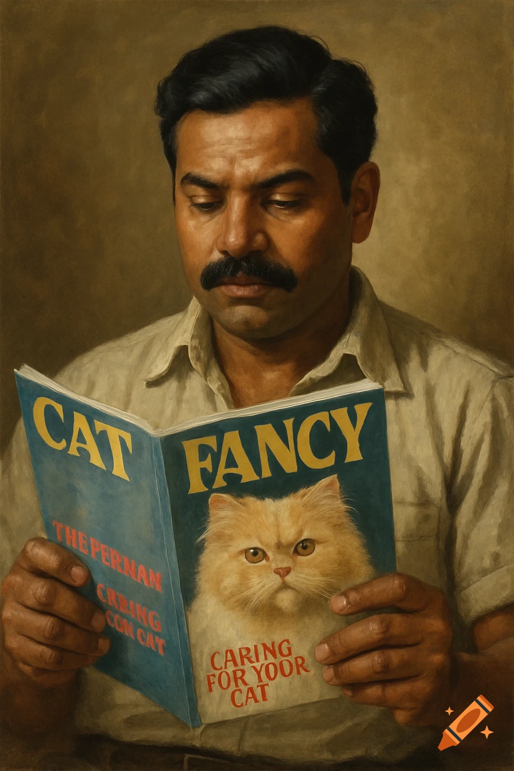 Painting of a man with a mustache reading a Cat Fancy magazine. on Craiyon