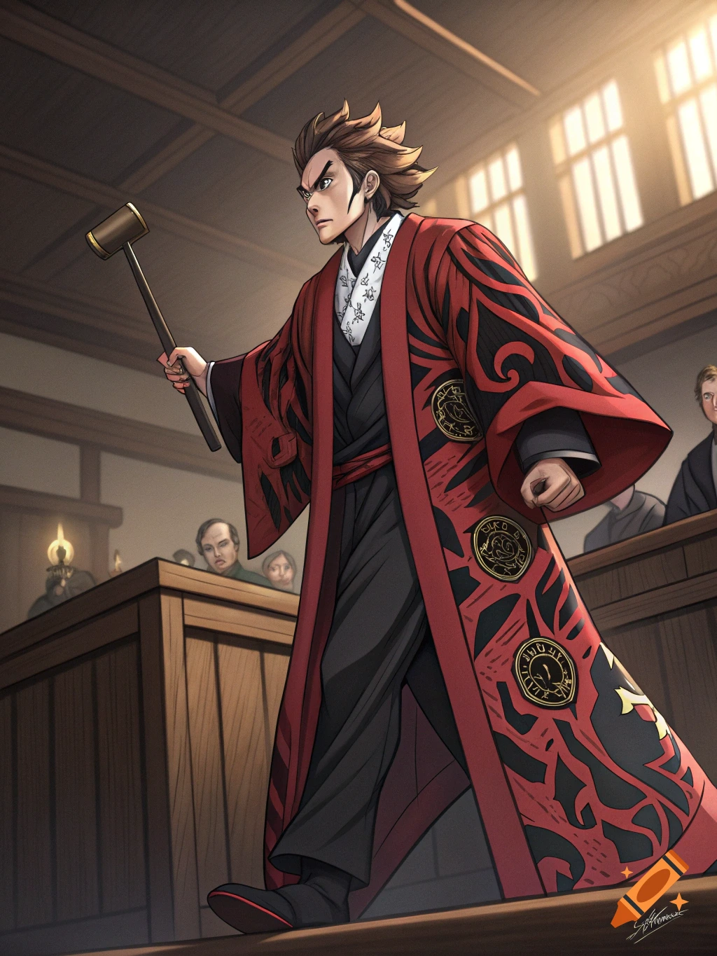 Anime style judge with spiky hair in a red and black robe holding a ...