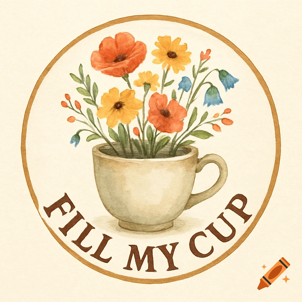 Watercolor illustration of flowers in a cup with 'FILL MY CUP' text in ...