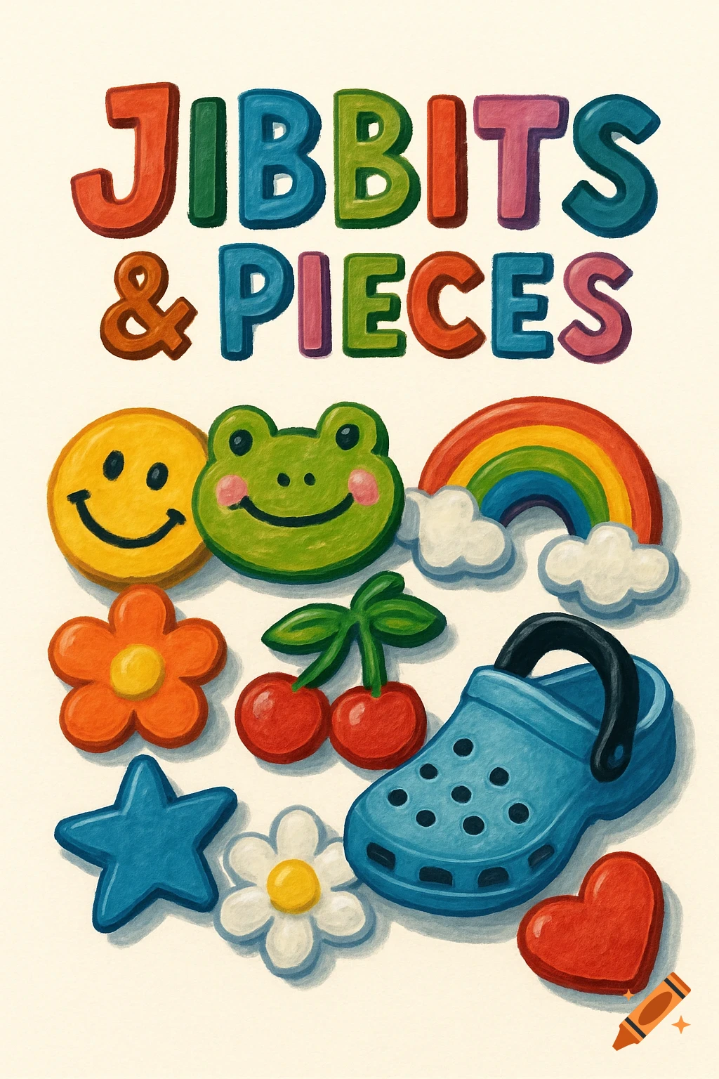 Colorful illustration of the text "Jibbits & Pieces" above cartoonish ...