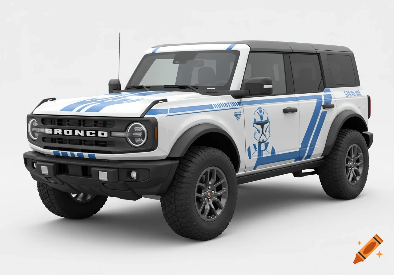 A white Ford Bronco with blue 501st Clone Trooper themed stripes and ...