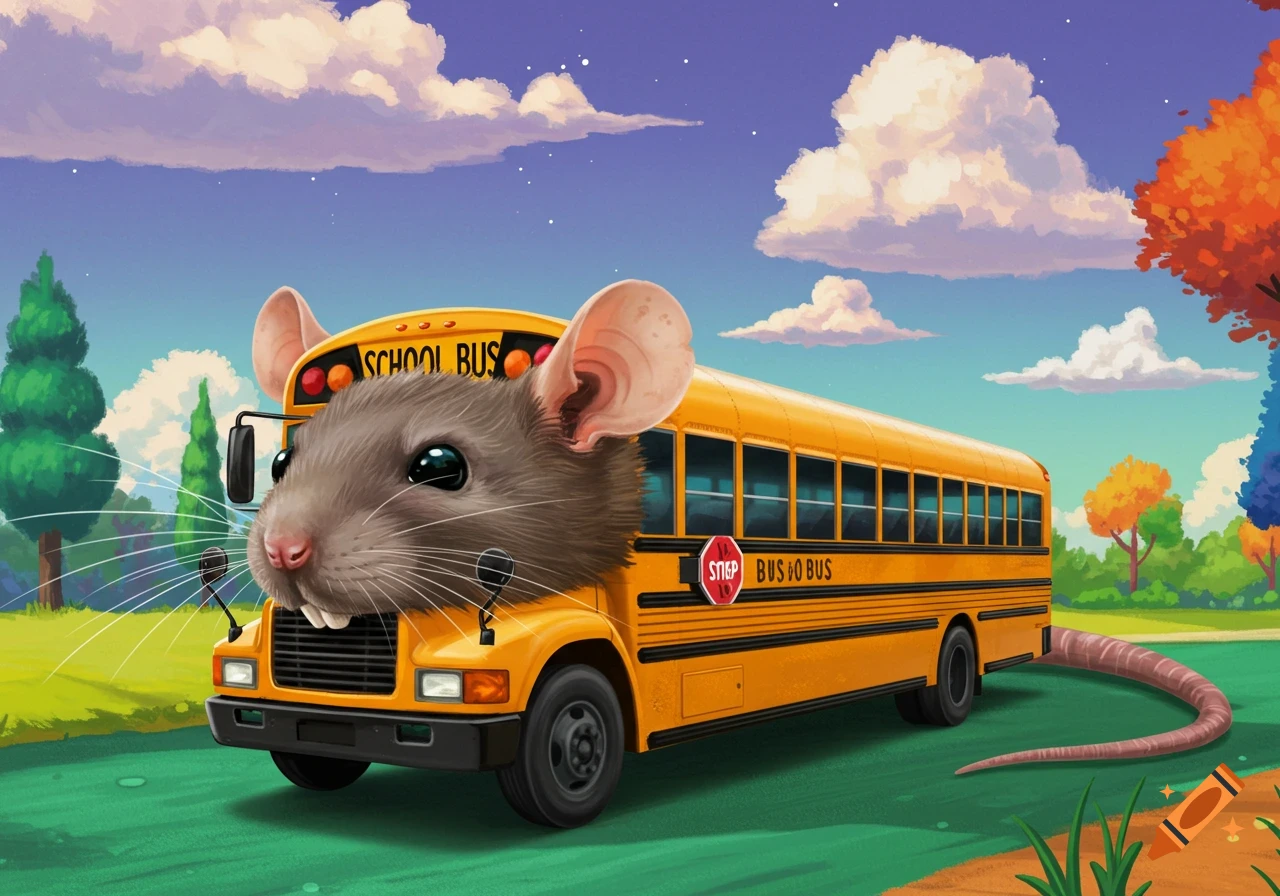 A surreal image of a school bus with a giant rat head and tail driving ...