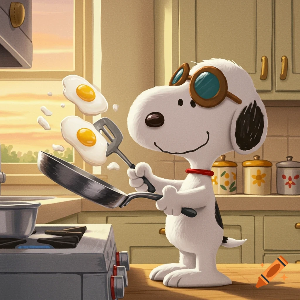 Snoopy wearing goggles, flipping fried eggs in a pan in a kitchen. on ...
