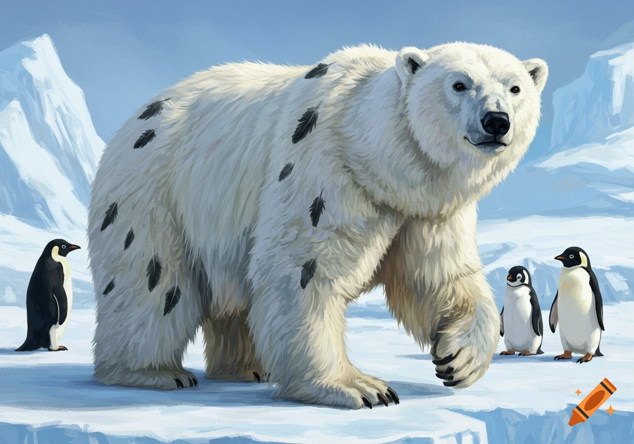 A polar bear covered in black feathers stands with penguins in an ...