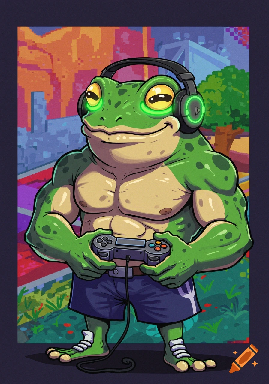 Cartoon frog wearing headphones, holding a game controller, against a ...