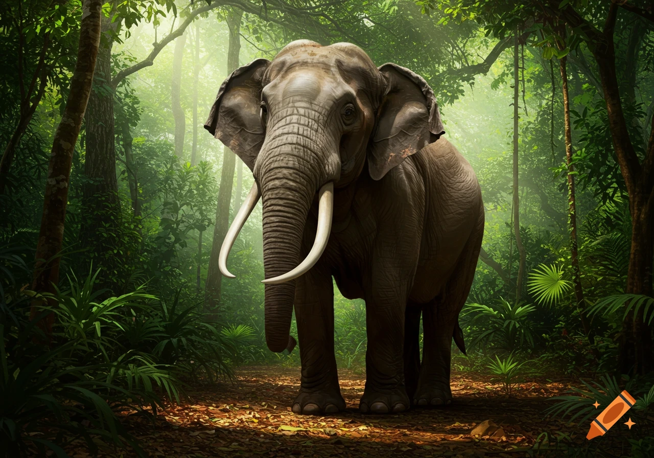 Large elephant stands on a dirt path in a dense, sunlit forest. on Craiyon