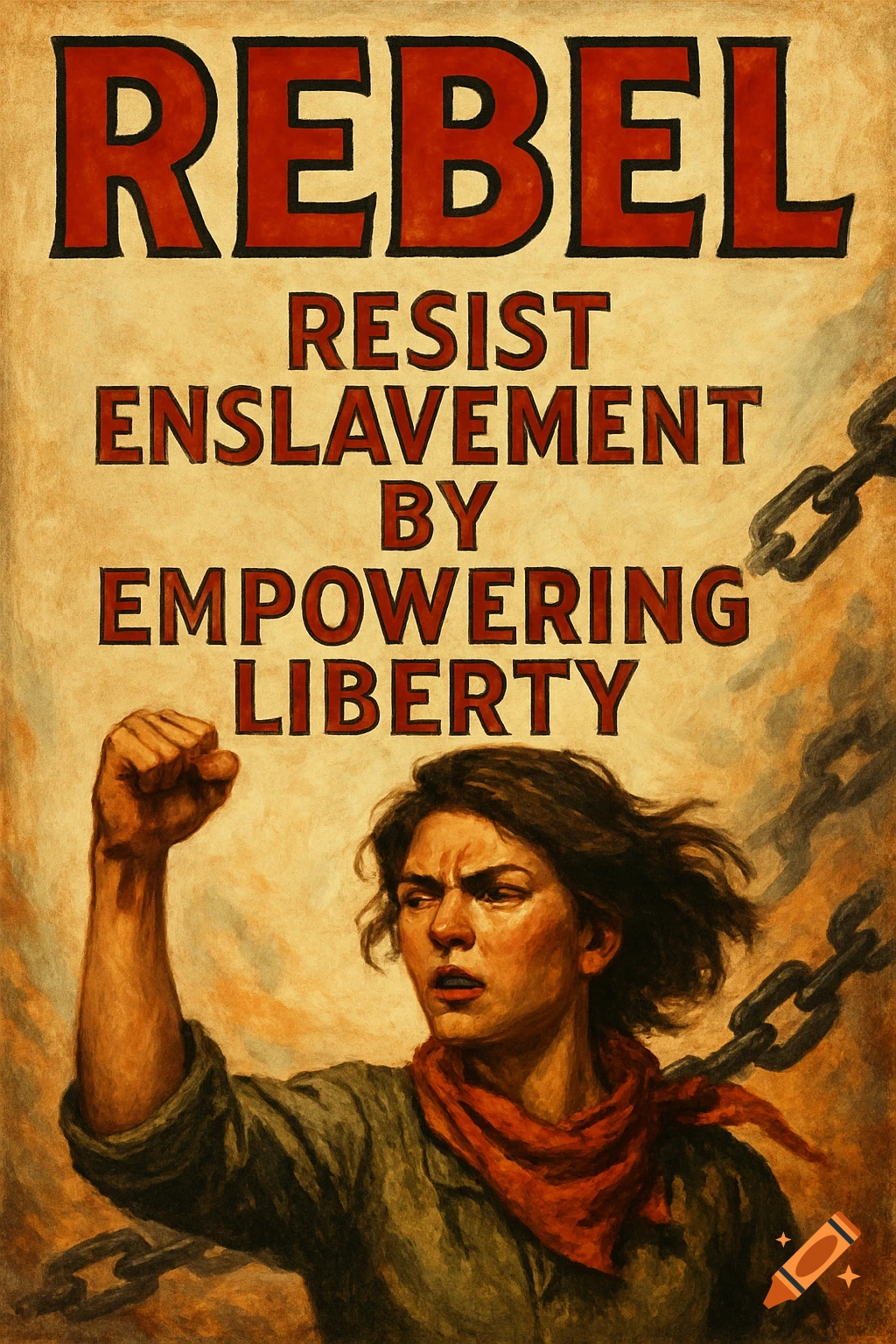 A painted poster shows a person with a raised fist and broken chains ...