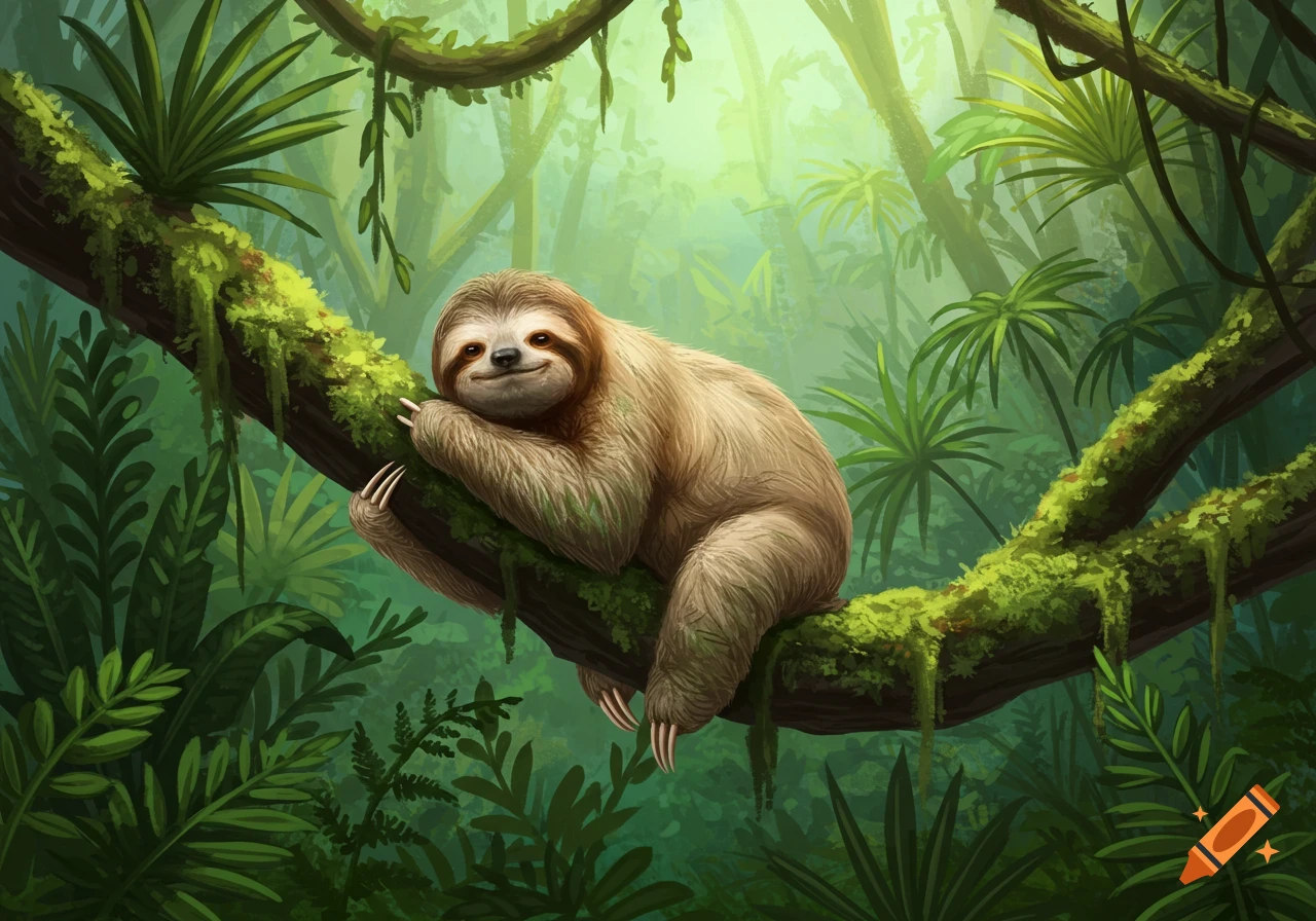 Illustration of a smiling sloth hanging on a mossy branch in a lush ...