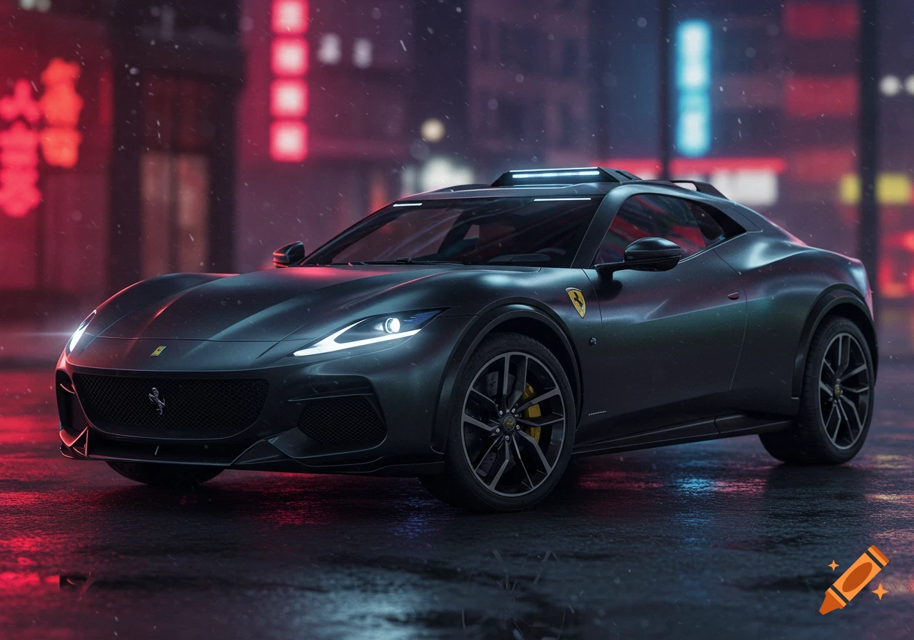 A dark Ferrari Purosangue SUV on a wet street at night with red neon ...