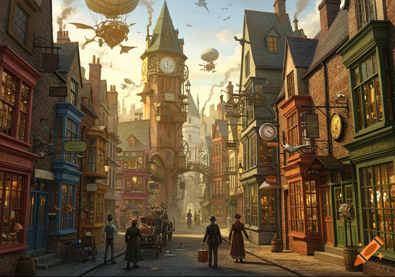 A bustling fantasy street scene with steampunk architecture, airships ...