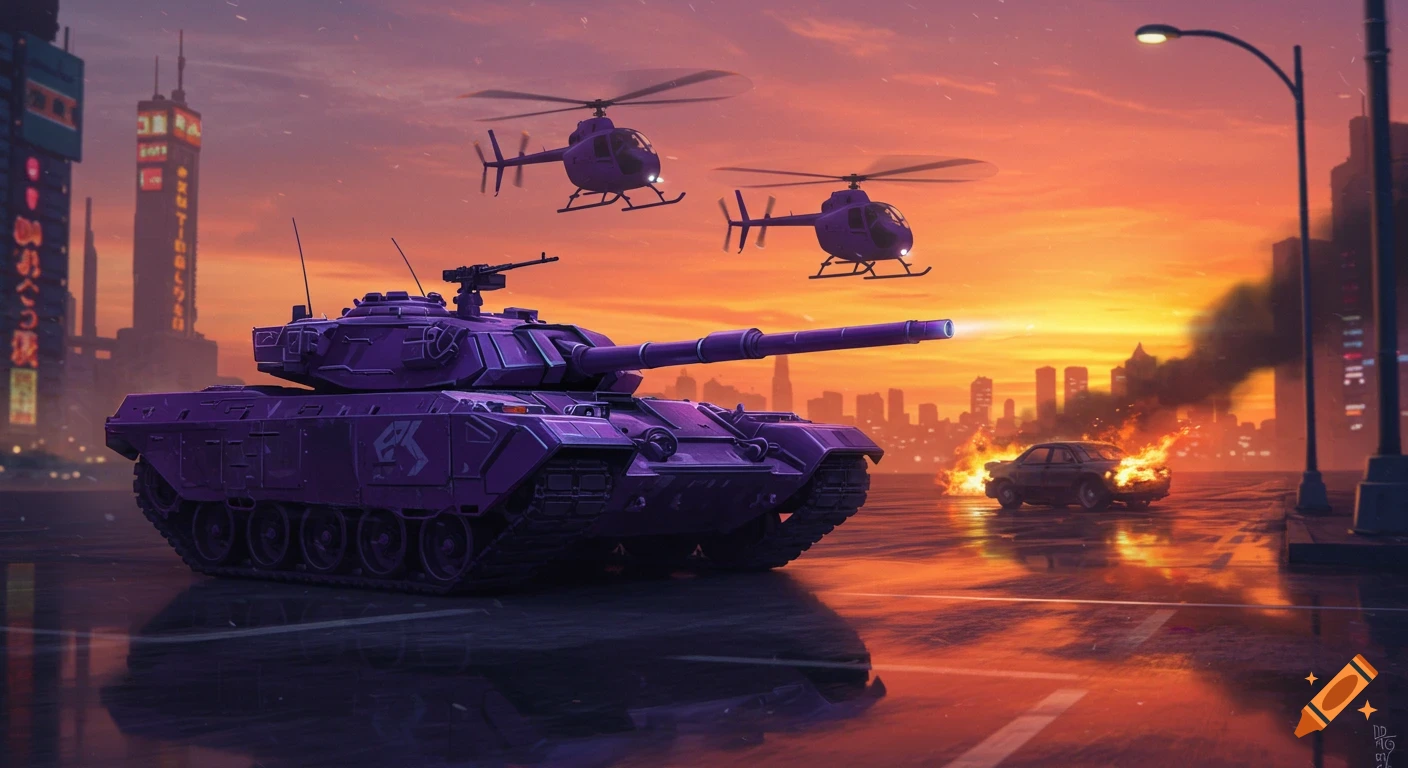 A purple tank on a city street at sunset with purple helicopters and a ...