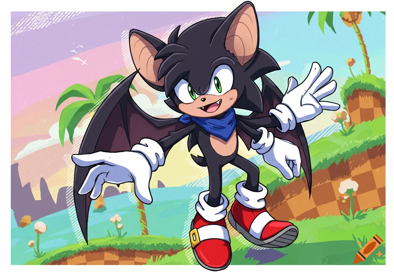 Anthropomorphic bat character in Sonic style flies over a checkered ...