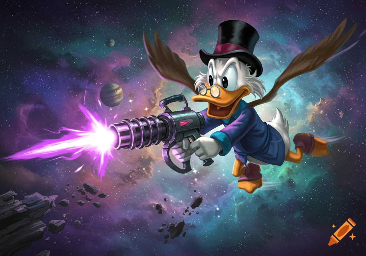 Scrooge McDuck flying through space with a large gun. on Craiyon