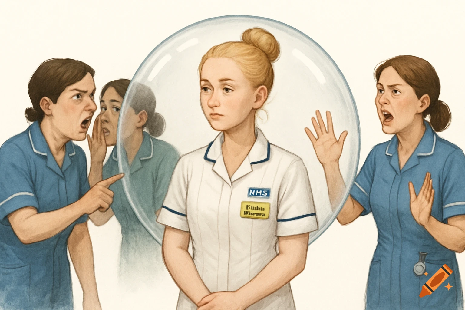 Illustration of a blonde nurse in a clear bubble, surrounded by other ...