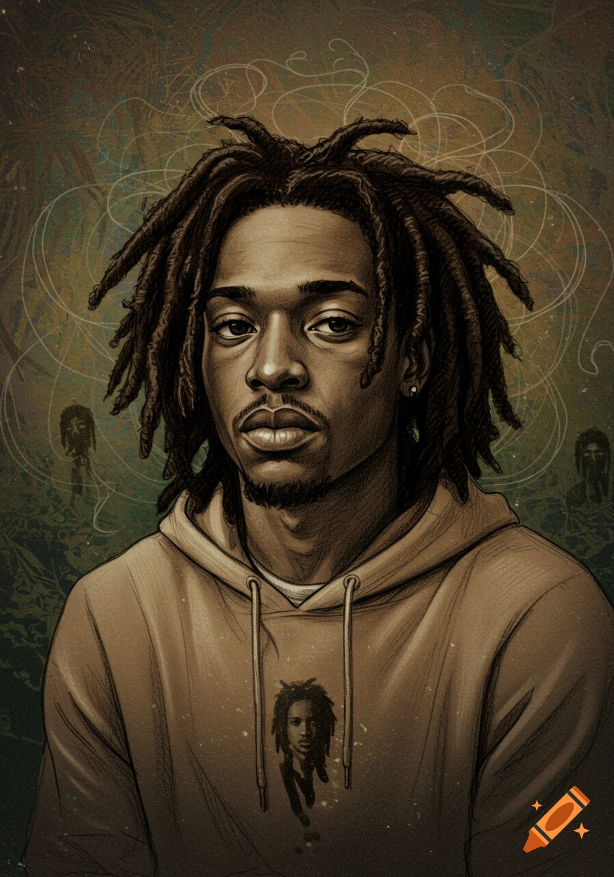 Pencil drawing of a young Black man with locs in a hoodie, against a ...