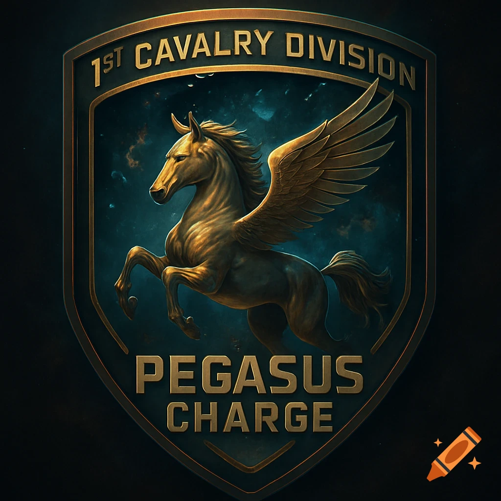 Military patch with golden Pegasus and text '1st Cavalry Division ...