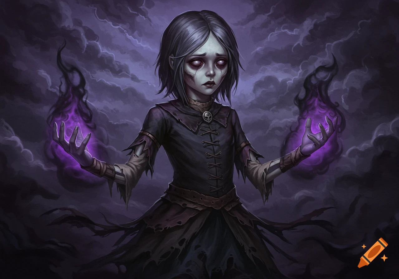 Undead girl with white eyes casting purple magic against dark clouds ...