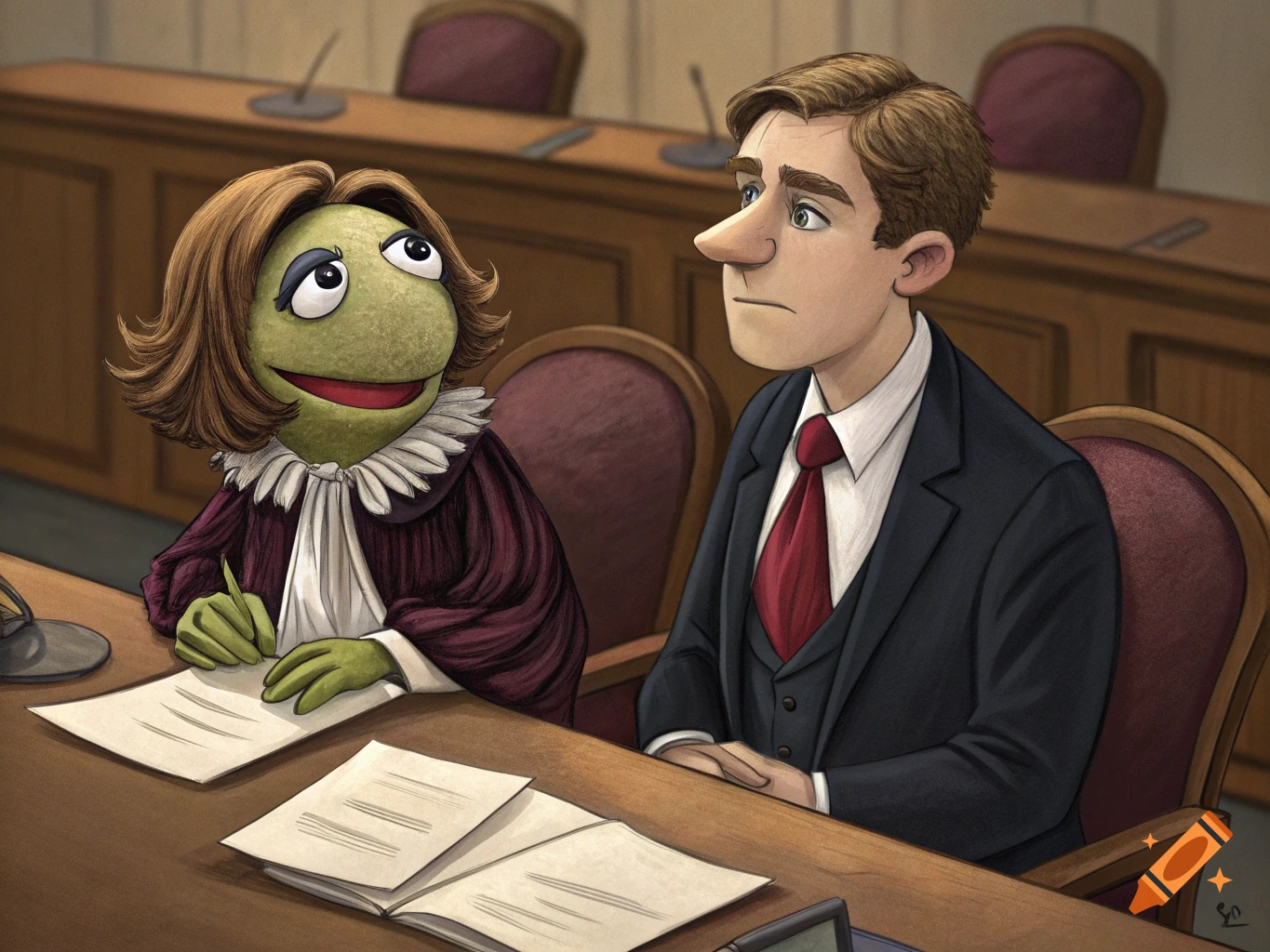 Illustration of a muppet and a human in a formal meeting or tribunal ...